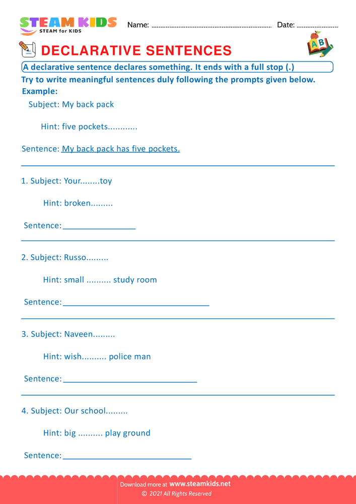 Declarative Sentence Worksheet For Grade 1 STEAM KIDS