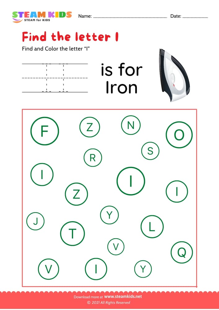 Free English Worksheet - Find and Color letter I - STEAM KIDS