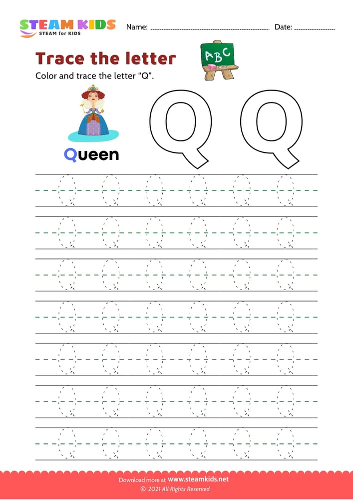 Free English Worksheet - Write uppercase letter "Q" - STEAM KIDS