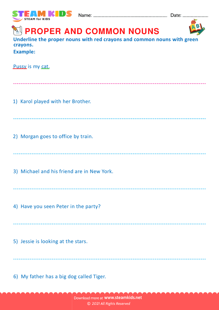 Free English Worksheet - Proper And Common Nouns - Worksheet 1 - STEAM KIDS
