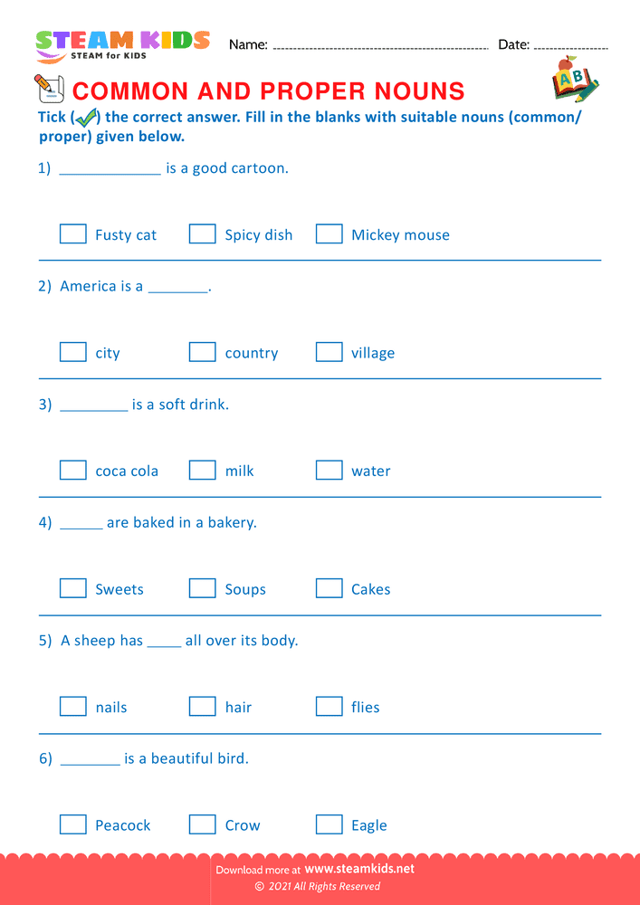 Free English Worksheet - Proper and Common Nouns - Worksheet 15 - STEAM ...