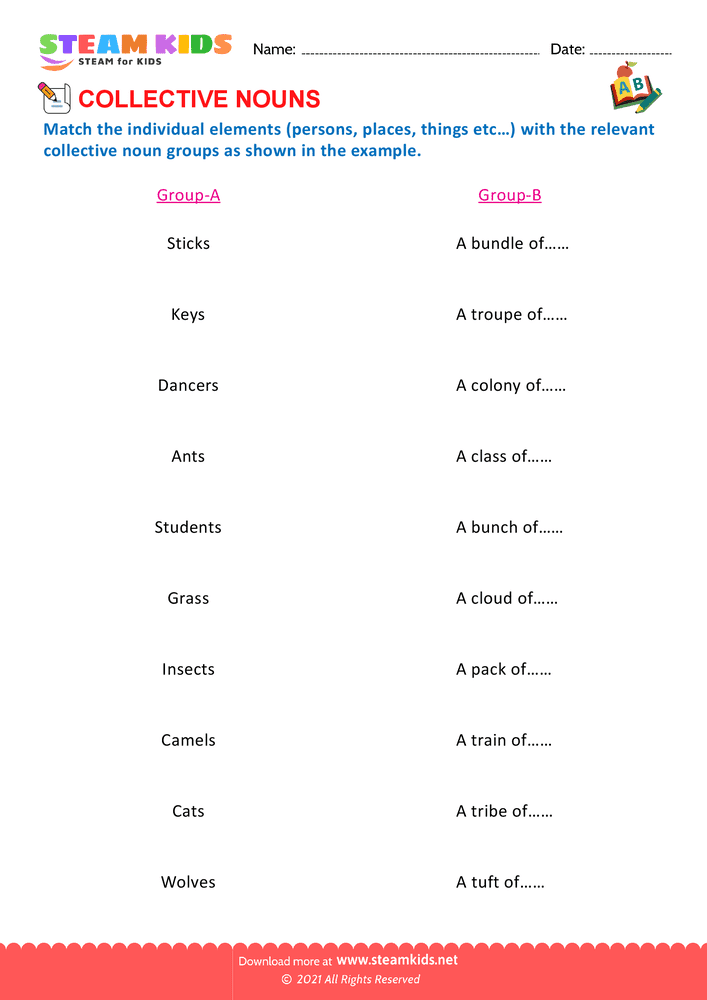Collective nouns Worksheet For Grade 2 - STEAM KIDS
