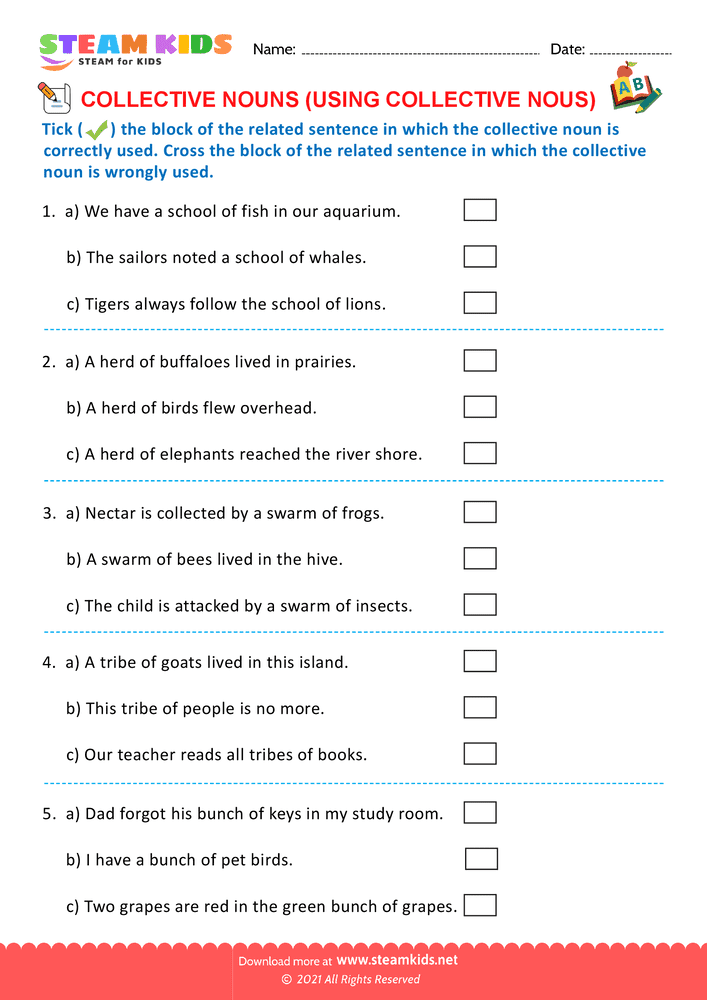 Collective nouns Worksheet For Grade 2 - STEAM KIDS