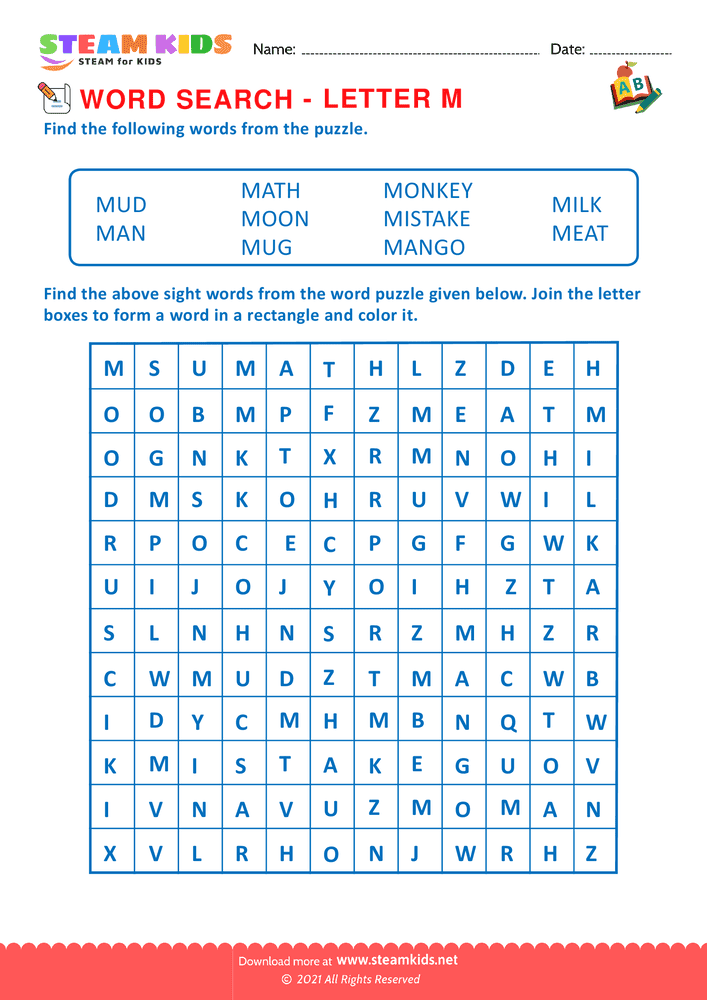 Free English Worksheet - Word Search - Worksheet Letter M - STEAM KIDS