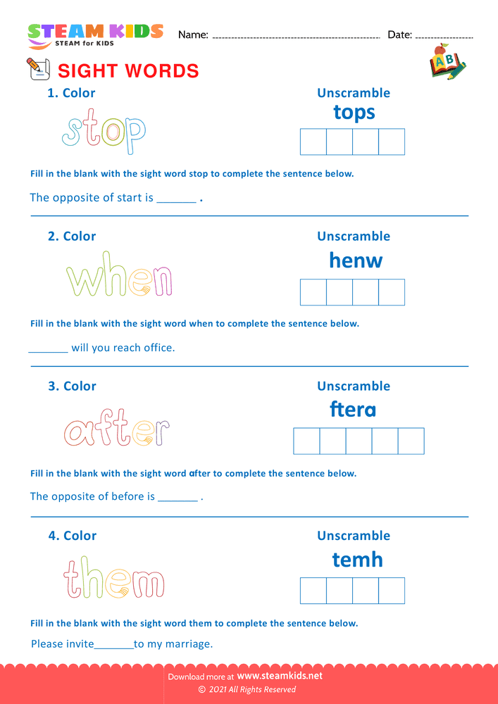 Free English Worksheet - Sight Words - Worksheet 1 - STEAM KIDS