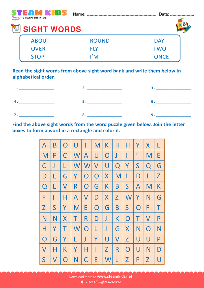 Sight Words Worksheet For Grade 1 - STEAM KIDS