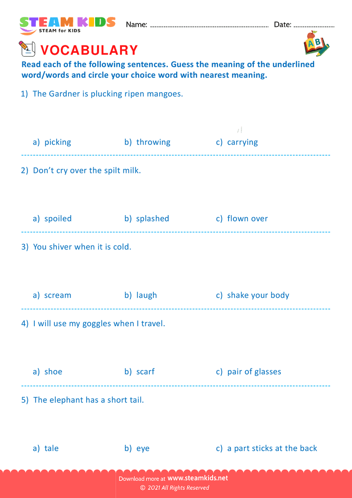 Choose correct word Worksheet For Grade 1 - STEAM KIDS