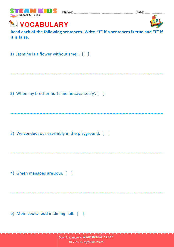 True or False Worksheet For Grade 1 - STEAM KIDS
