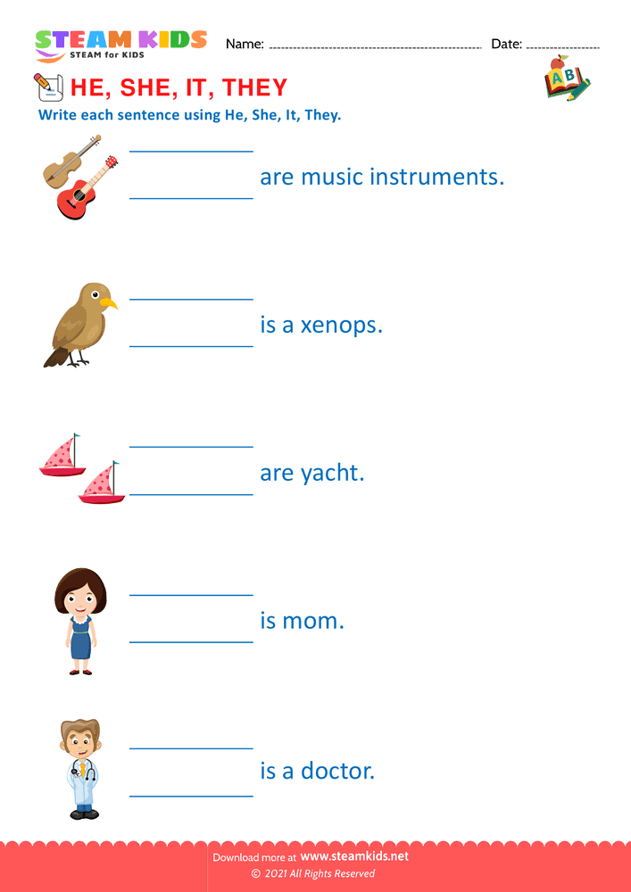Free English Worksheet - He, She, It and they - Worksheet 3 - STEAM KIDS