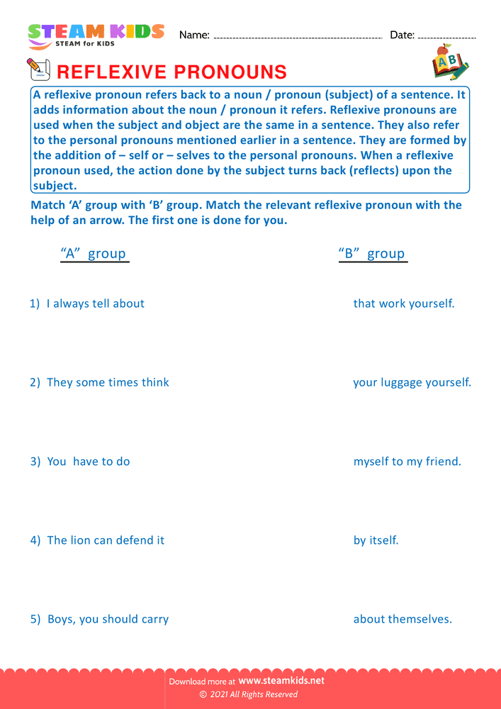 Free English Worksheet - Identify the reflexive pronouns - Worksheet 5 ...