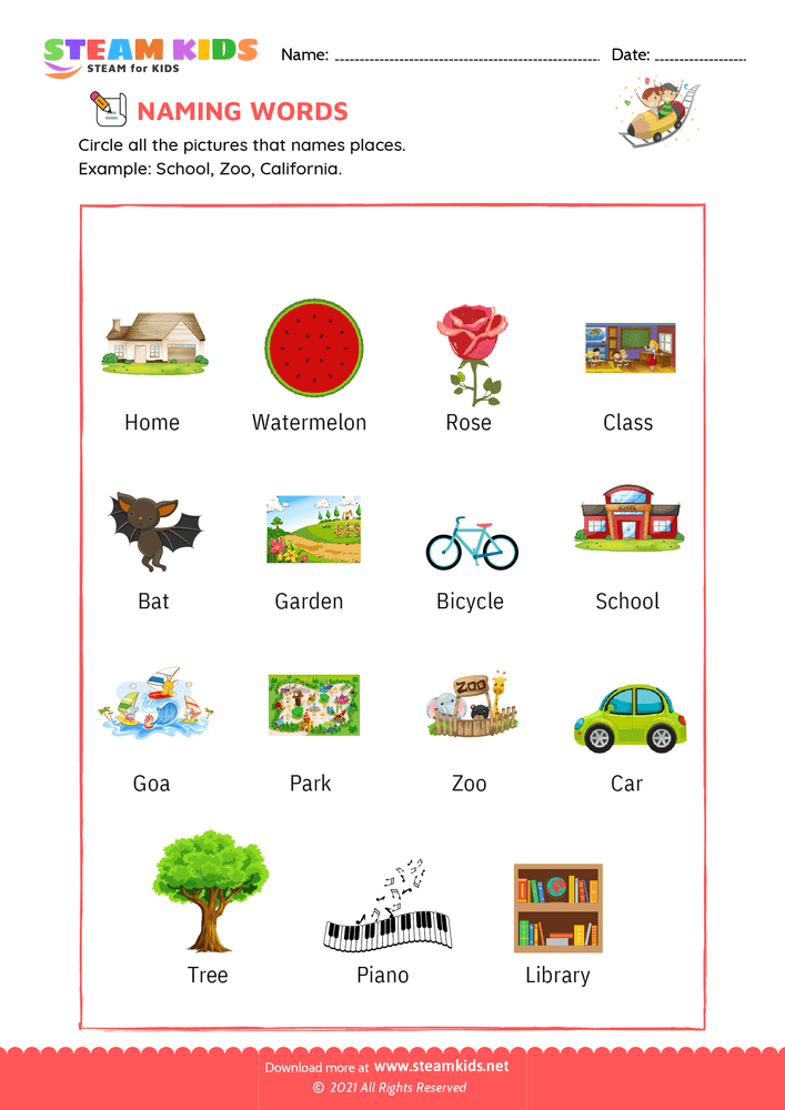 Free English Worksheet - Naming words - Worksheet 10 - STEAM KIDS
