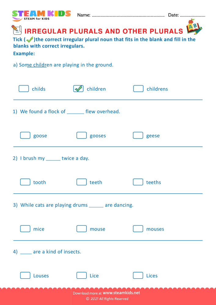 Irregular plurals Worksheet For Grade 2 - STEAM KIDS