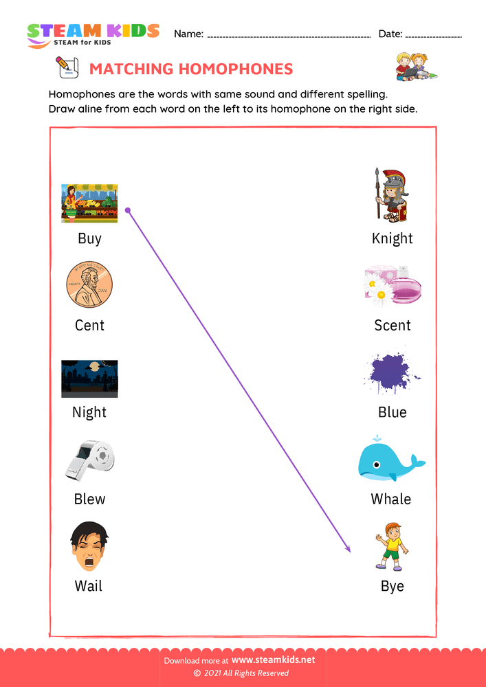Free English Worksheet - Match homophones - Worksheet 1 - STEAM KIDS