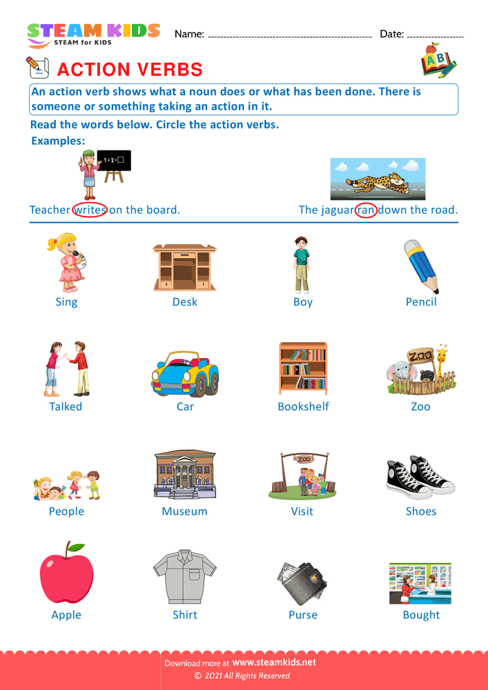 Free English Worksheet Action Verbs Worksheet 1 STEAM KIDS Free English Worksheet Action Verbs Worksheet 1 STEAM KIDS