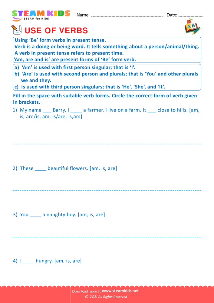 Free English Worksheet - Use of verbs - Worksheet 6 - STEAM KIDS