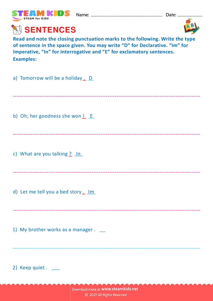 Free English Worksheet - Punctuate & identify sentences - Worksheet 1 ...