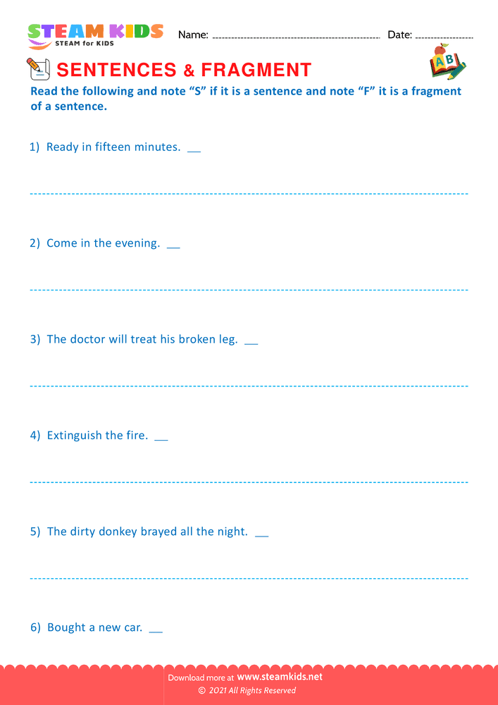 Sentence & fragment Worksheet For Grade 2 - STEAM KIDS