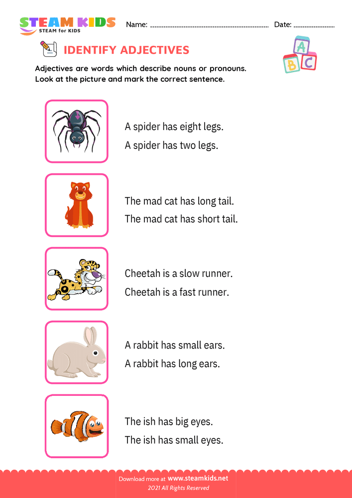 Free English Worksheet - Identify Adjectives - Worksheet 2 - STEAM KIDS