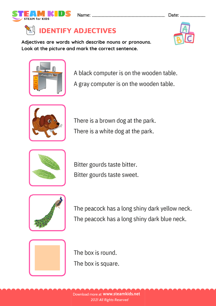 Free English Worksheet - Identify Adjectives - Worksheet 3 - STEAM KIDS