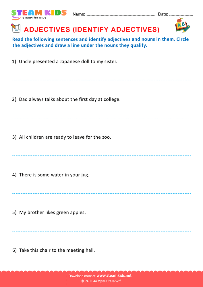 Free English Worksheet - Circle the adjectives - Worksheet 3 - STEAM KIDS