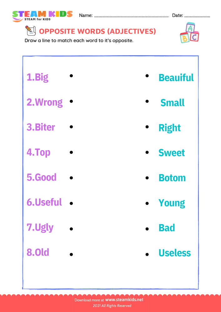 Free English Worksheet - Opposite Adjectives - Worksheet 1 - STEAM KIDS