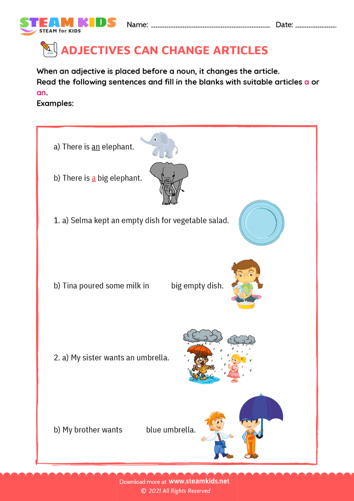 Free English Worksheet - Adjectives change articles - Worksheet 1 ...