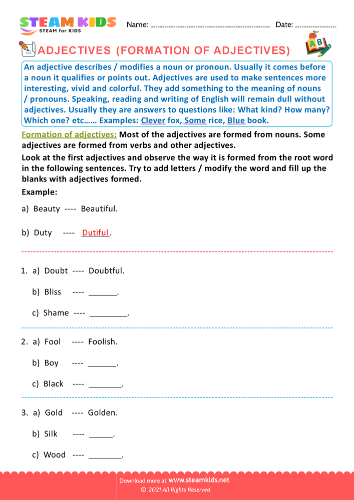 Free English Worksheet - Formation of adjectives - Worksheet 1 - STEAM KIDS
