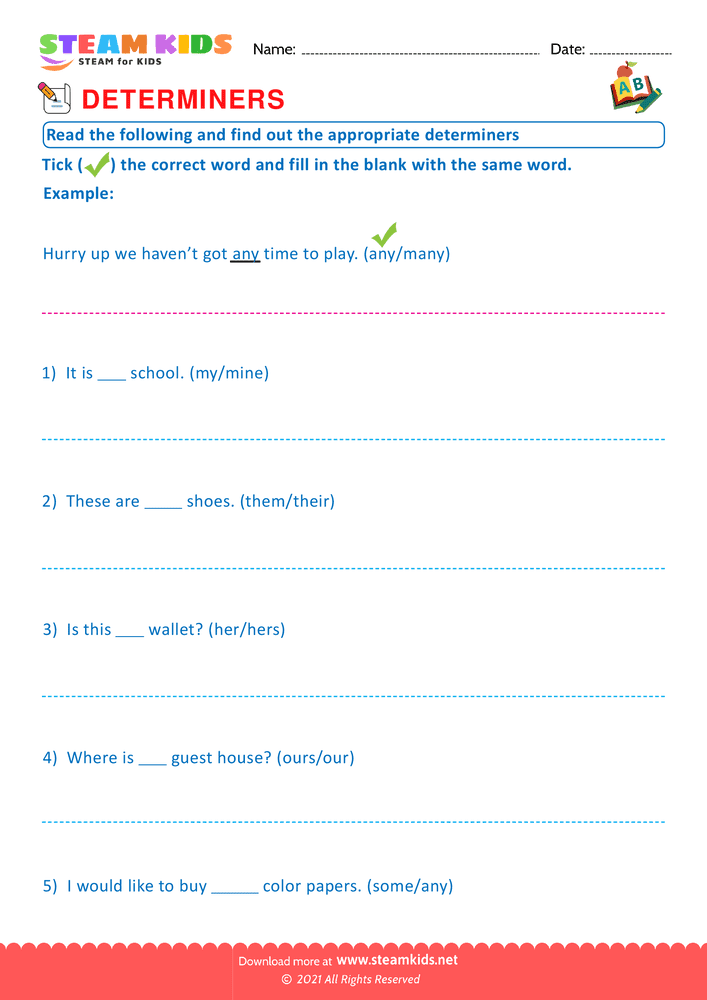 Free English Worksheet - Appropriate determiners - Worksheet 1 - STEAM KIDS