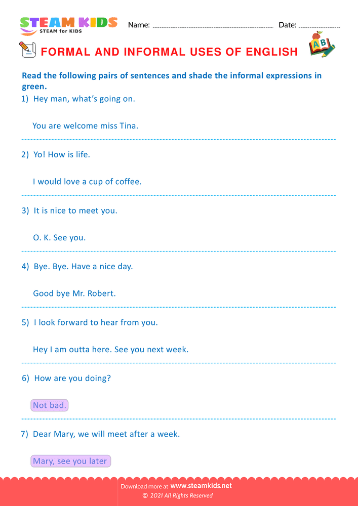 Formal & Informal Worksheet For Grade 2 - STEAM KIDS
