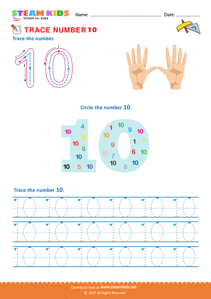 Free Math Worksheet - Trace number - Worksheet 12 - STEAM KIDS