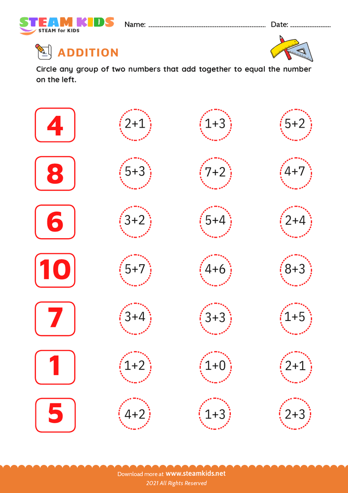 Free Math Worksheet - Addition fun - Worksheet 1 - STEAM KIDS