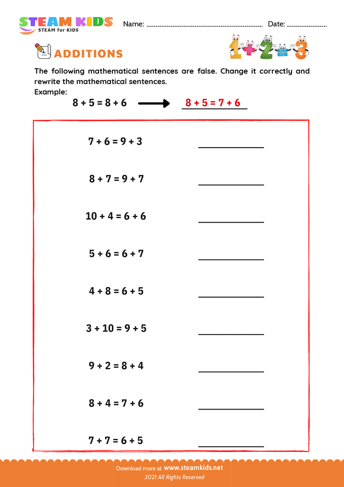 Free Math Worksheet - Addition number sentences - Worksheet 1 - STEAM KIDS