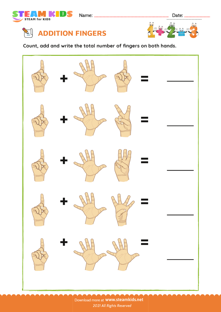 Addition with fingers - Addition Worksheet For Kindergarten - STEAM KIDS