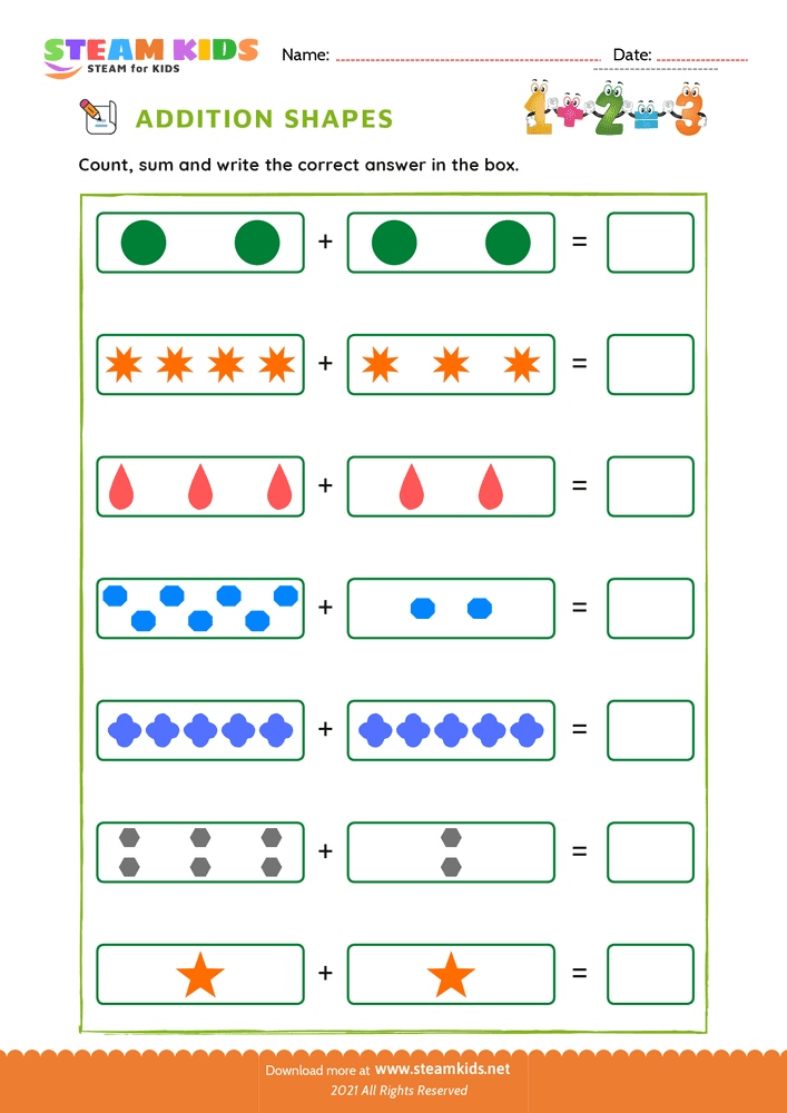 Addition with shapes - Addition Worksheet For Kindergarten - STEAM KIDS