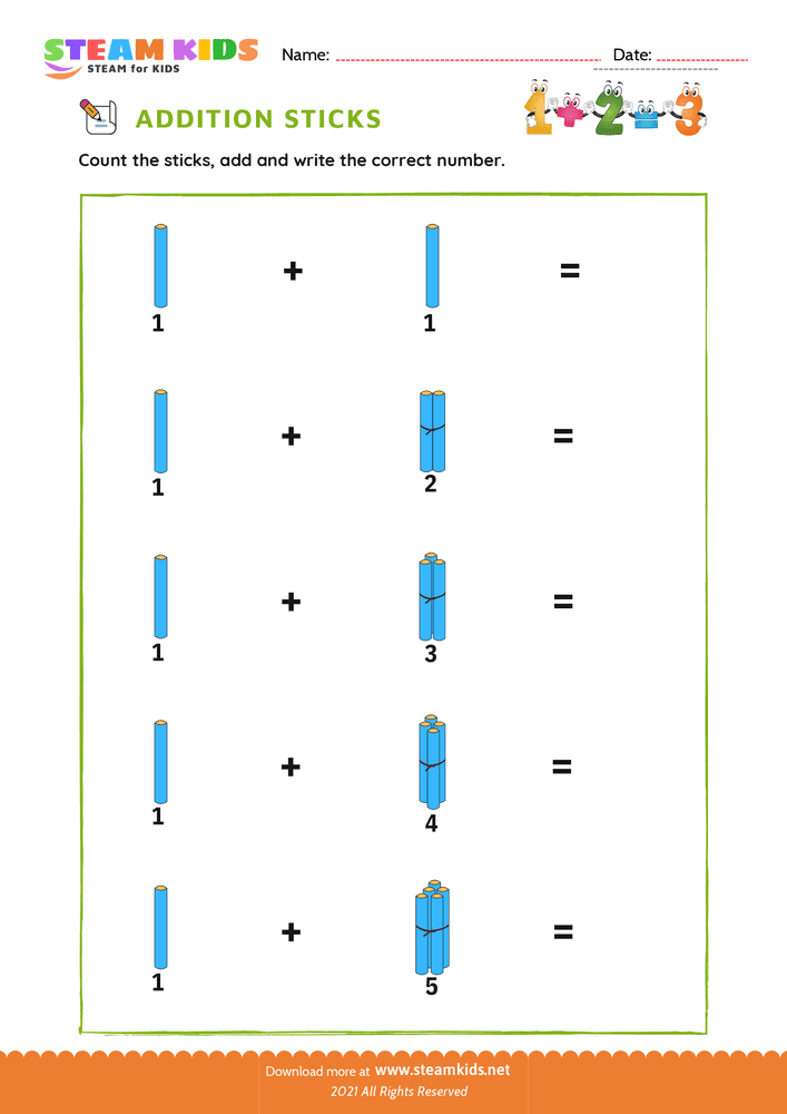 Free Math Worksheet - Addition with Sticks - Worksheet 1 - STEAM KIDS