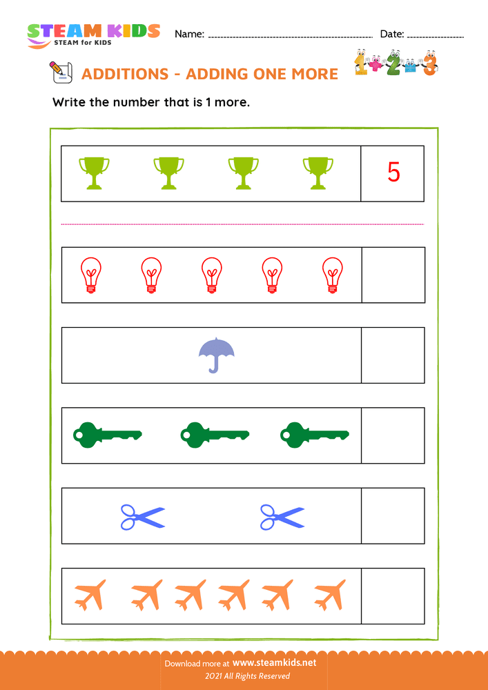 Free Math Worksheet - Adding one more - Worksheet 11 - STEAM KIDS