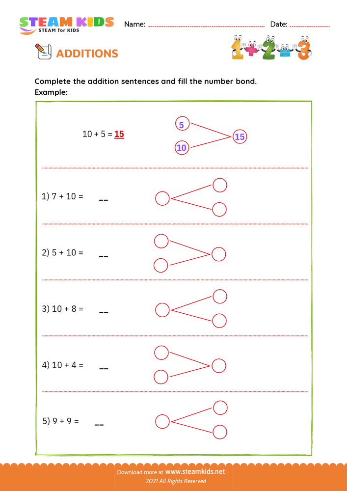 Free Math Worksheet - Addition Facts - Worksheet 5 - STEAM KIDS