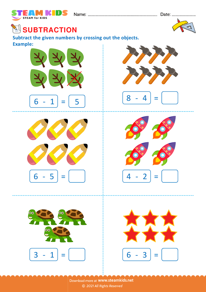 Free Math Worksheet - Count and subtract - Worksheet 1 - STEAM KIDS
