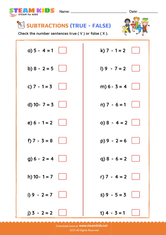 Free Math Worksheet - Check true or false - Worksheet 8 - STEAM KIDS