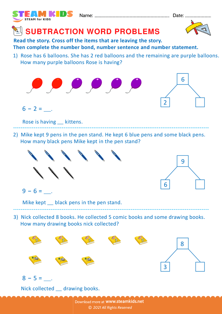 Solve by number bonds - Subtraction Worksheet For Grade 1 - STEAM KIDS