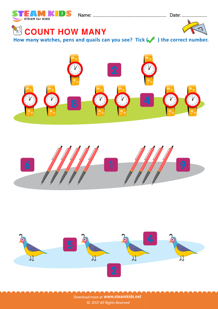 Free Math Worksheet - Count how many - Worksheet 6 - STEAM KIDS