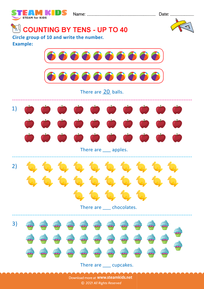 Free Math Worksheet - Counting by tens upto 40 - Worksheet 1 - STEAM KIDS