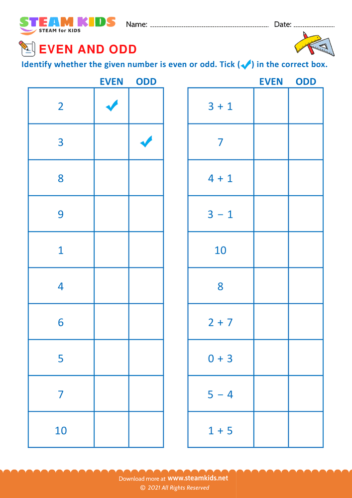 Free Math Worksheet - Identify even or odd - Worksheet 1 - STEAM KIDS