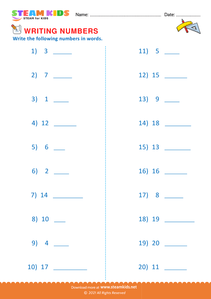 Write numbers - Numbers Worksheet For Grade 1 - STEAM KIDS