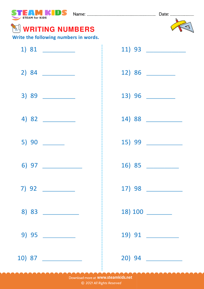 Write numbers - Numbers Worksheet For Grade 1 - STEAM KIDS
