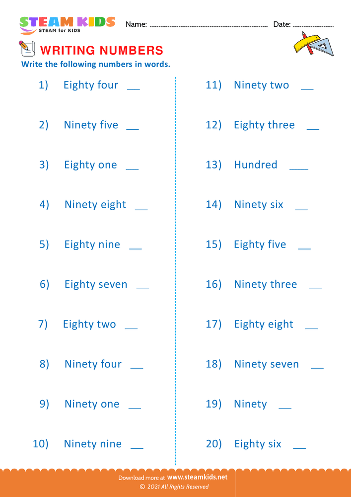 Write numbers - Numbers Worksheet For Grade 1 - STEAM KIDS