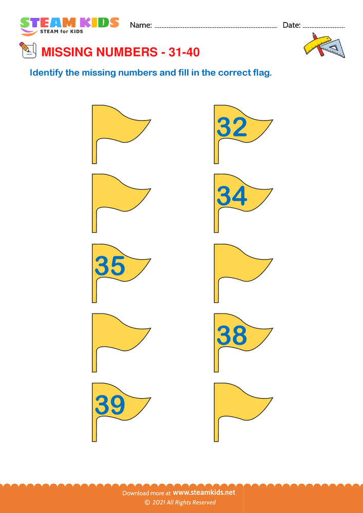 Free Math Worksheet - Identify Missing numbers 31 to 40 - STEAM KIDS