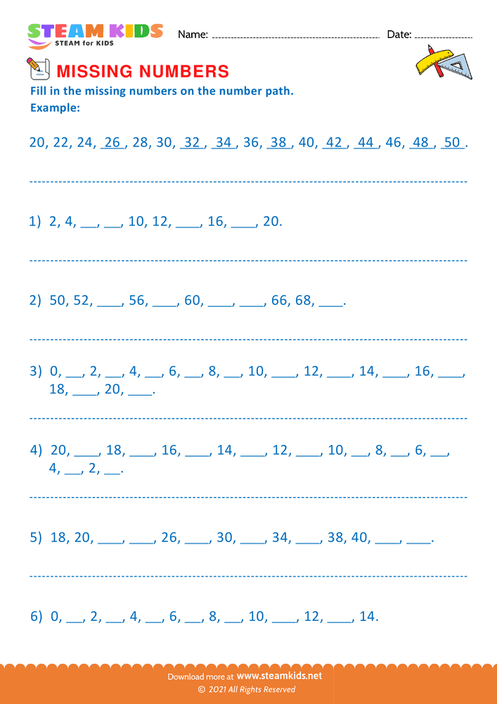 Free Math Worksheet - Missing Numbers - Worksheet 7 - STEAM KIDS