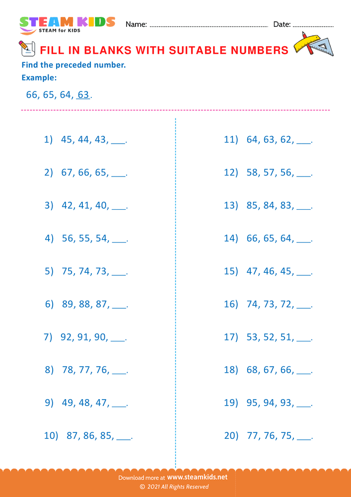 Fill the missing number - Numbers Worksheet For Grade 1 - STEAM KIDS