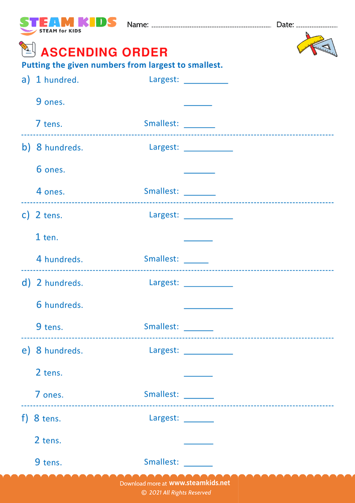 Ascending order - Numbers Worksheet For Grade 1 - STEAM KIDS